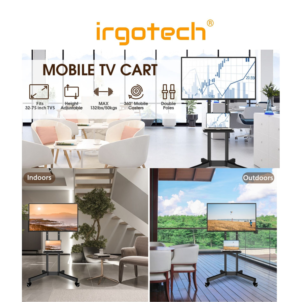 IRGOTECH TV Floor Stand for 32’’ – 72’’ LED, LCD, PLASMA OLED TV , Hei